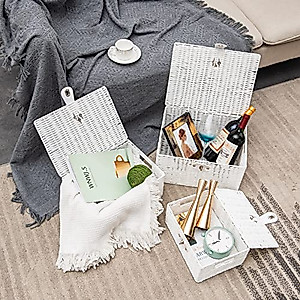 Homepeaz Set of 3 Woven Wicker Storage Basket Box with Lid & Lock, Built-in Carry Handles, Multifunctional Storage Organiser for Nursery, Baby, Clothes, Toys, Books, Large/Medium/Small Size (White)