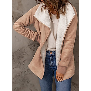 Dokotoo Womens Winter Warm Long Sleeve Open Front Fleece Jacket Stand Collar Sherpa Lined Outerwear Fashion Thicken Coats Jackets for Women 2024,L,Apricot