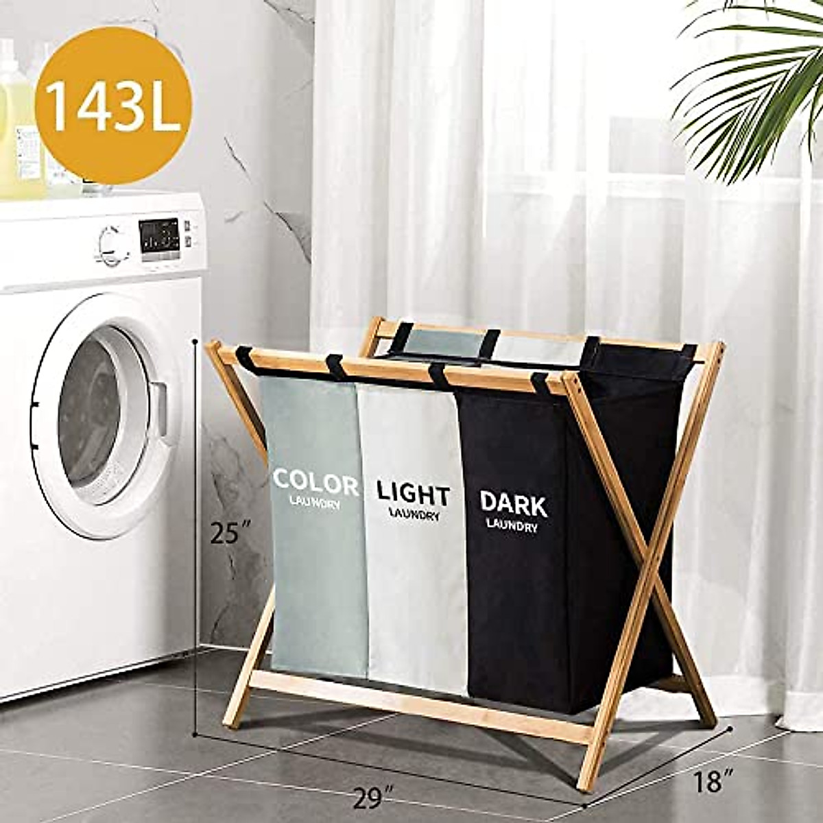 3-bag Laundry Cloth Hamper Sorter, 143l Laundry Organizer Cart,storage Laundry Bag for Dirty Clothes Bag-everyday Use, Bathroom, Bedroom,foldable 3 Sections with Wood Frame 29" X 25" X 18"