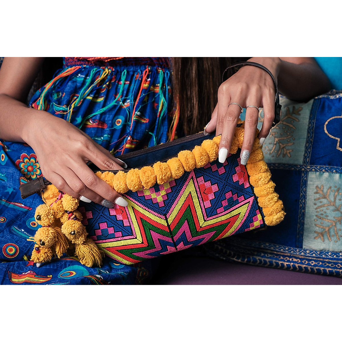 Yellow Pom Pom Clutch Bag with Embroidered Hmong Tribes Star Pattern