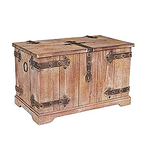 Household Essentials Decorative Trunk, Victorian, Large, Chinese Fir Wood, Aged-Wood Finish with Metal Accents, Fully Opening Lid, Stout Design, Ring Handles