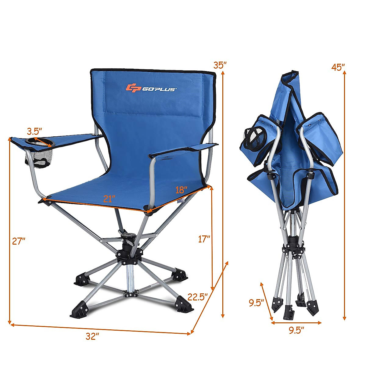 Goplus Swivel Camping Chair, Potable Lawn Chair for Adults w/Cup Holder & Carrying Bag, Folding 360-degree Free Rotation Chair for Fishing Picnic Hiking Hunting Outdoor (Blue)