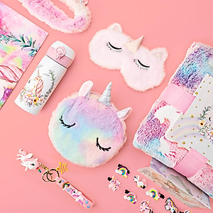 Runeaoys Unicorn Toys for Girls Age 4-6 6-8, Girl Christmas Birthday Thanksgiving Gifts Box for 3 4 5 6 7 8 9 10 Year Old with Unicorn Glow in The Dark Blanket Water Bottle Kairclip Bag