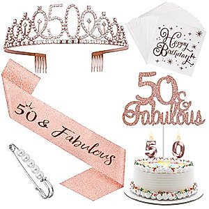 Gaciban 50th Birthday Decorations Women，50th Birthday Crown and Sash, Cake Topper, Birthday Candles, Napkins Sett, 50th Birthday Gifts for Women (Rose Gold)