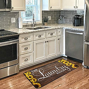 Laundry Room Rug Area Mat Non-Slip Sunflower and Wooden Board 1 Runner Rug Rubber Backing Floormat Runner, 39 x 20 Inch,Super Absorbent