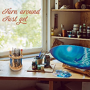 Paint Brush Holder 360 Rotating Bamboo Display Drying Stand Watercolor Coloring Brush Organizer Display Stand Tray Rack with 29 Holes（1 Big Hole 23 middle Holes 5 Small Holes）