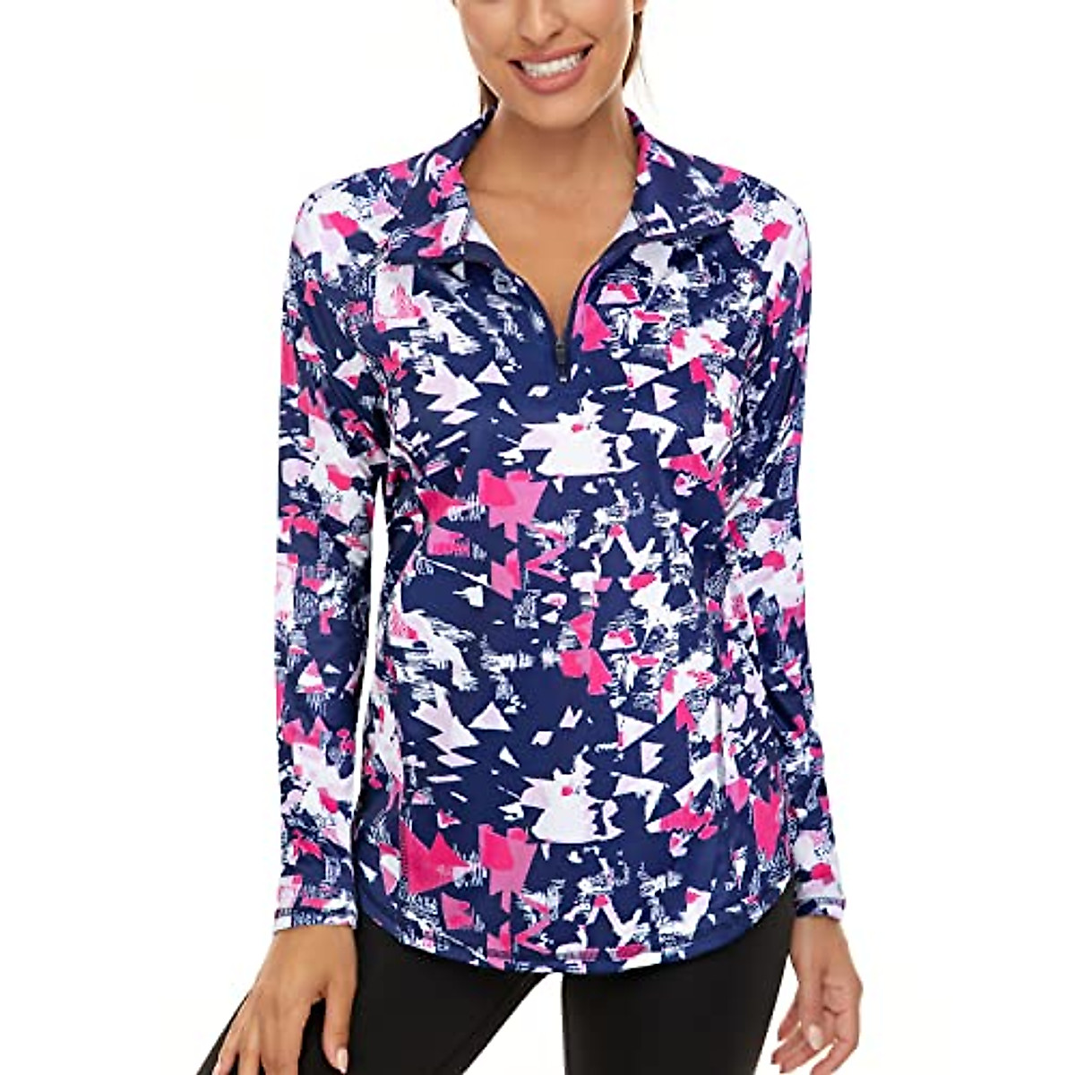 LURANEE 3/4 Zip Pullover Women's, SPF Long Sleeve Yoga Jacket, Workout & Running Activewear - Medium, Geometry Blueeink