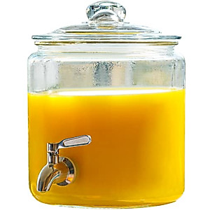 1 Gallon Beverage Dispenser with Stainless Steel Spigot + Marker & Chalkboard 100% Leakproof Glass Drink Dispenser for Parties with Spout, Airtight Beverage Serveware for Water, Juice, Laundry