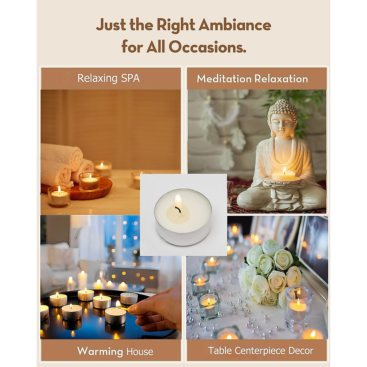 50 Packs Tea Light Candles, 4.5 Hours Burning Time, Unscented & Smokeless Mini Votive Candles, Soft Light Tealight, Small Tea Candle for SPA Relax Romantic Decor, White