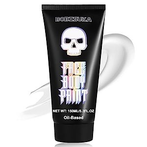 BOBISUKA 150ml Oil-Based White Face Body Paint Cream, 5.2Oz PRO Large Tube Clown White Washable Makeup Skull Joker Skeleton Face Painting for SFX Cosplay Halloween Costume Makeup Foundation