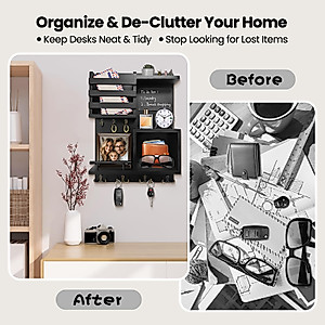 Amsnkee Key Holder for Wall Mail Organizer with 7 Metal Key Hooks and Wallet Holder,Sunglasses Storage and Dog Leash Holder,Key Racks for Farmhouse Decor Rustic Home Entryway Decor Luxury Black Plus