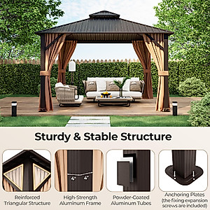 Tangkula 12x12 FT Hardtop Gazebo, Patio Gazebo with Galvanized Steel Double Roof & Aluminum Frame, Permanent Pavilion Outdoor Gazebo with Netting & Curtains for Patio, Garden, Lawn, Backyard, Deck