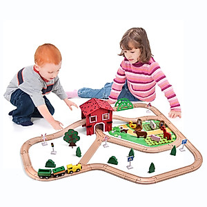 FUN LITTLE TOYS 77PCS Wooden Train Set Toy Train for Boys & Girls with Wood Train Track Fits Major Brand, Wooden Farm Play Set for Kids Wooden Toys