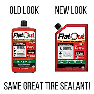 FlatOut Tire Sealant Outdoor Power Equipment Formula - with Valve Core Tool and Replacement Valve Core, Prevent Flat Tires, Seal Leaks, Contains Kevlar, 32-Ounce Bottle, 1-Pack