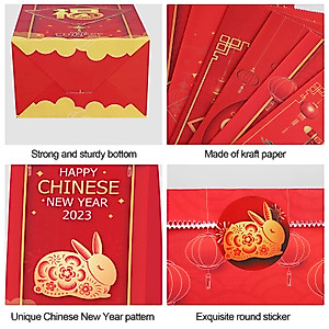 MIMIND 24 Pieces 2023 Happy Chinese New Year Gift Bags Lunar New Year Spring Festival Treat Candy Favor Bags with Round Sticker for Year of The Rabbit Chinese New Year Party Supplies Decors, 6 Design