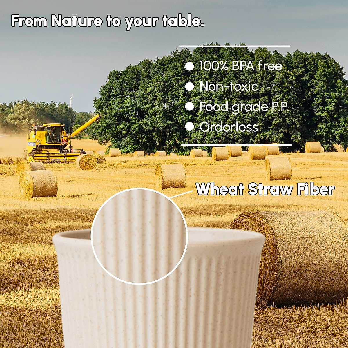 Wheat Straw Dinnerware Sets - Yellow Dinnerware Set w/Wheat Straw Plates, Bowls & Utensils – Safe for Microwave & Dishwasher, Set of 4