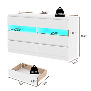 Loomie 6 Drawer Dresser with Power Outlet, Modern Chest of Drawers with LED Light, Dresser for Bedroom, Double Wide Drawer Dresser Organizer Cabinet for Living Room, Entryway (White)