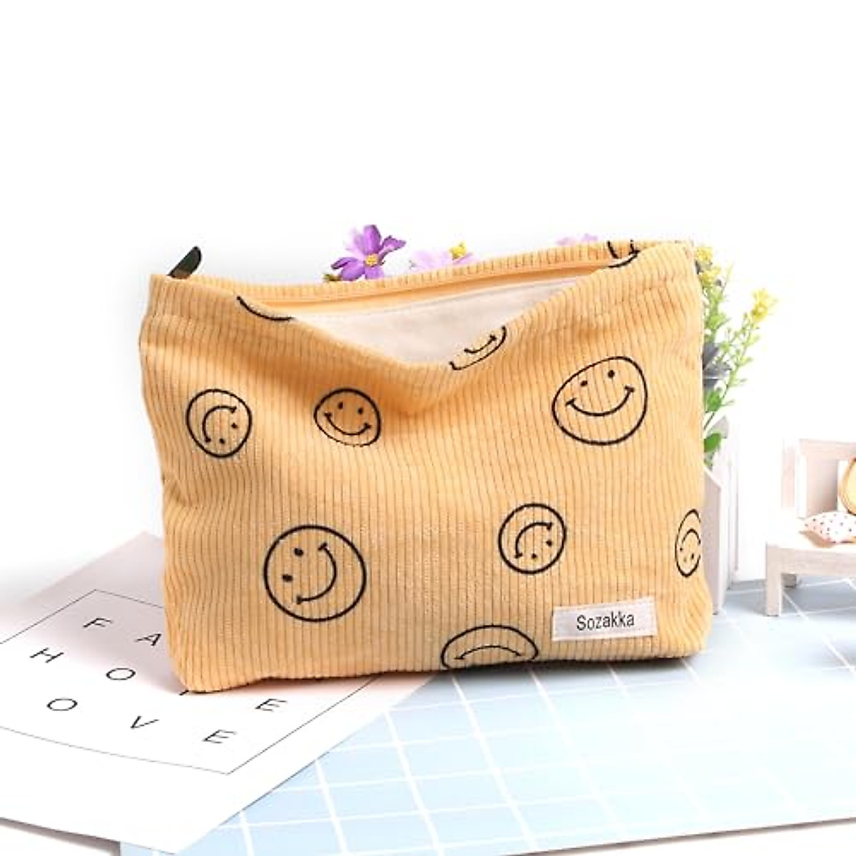 Cosmetic Bags for Women - Corduroy Cosmetic Bag Aesthetic Women Handbags Purses Smile Dots Makeup Organizer Storage Makeup Bag Girls Case Bags (Yellow)