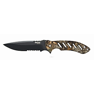 Bear Edge Brisk 1.0 Full Tang Knife, 4-7/8” 440 High Carbon Black Stainless Steel Partial Serrated Blade, Camo Handle with Ballistic Sheath (61515)