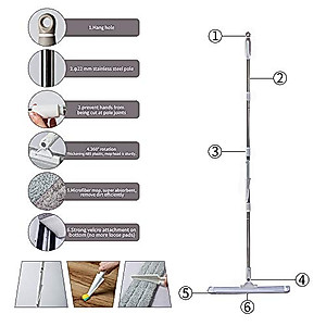 TAINER Microfiber Commercial Wet Mop Flat Floor Dust 17" 18" Inch for Hardwood Laminate Tile Cleaning, Stainless Handle and Alloy Mop Head - 4 Reusable Mop Pads + 1 Dirt Removal Scrubber (PT12-WHITE)