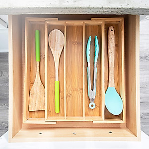 Coheden Bamboo Expandable Drawer Organizer Premium Cutlery and Utensil Tray - Multifunctional Organizer Fits With All Drawer Sizes - 100% Pure Bamboo (Medium (3-5 Compartments))