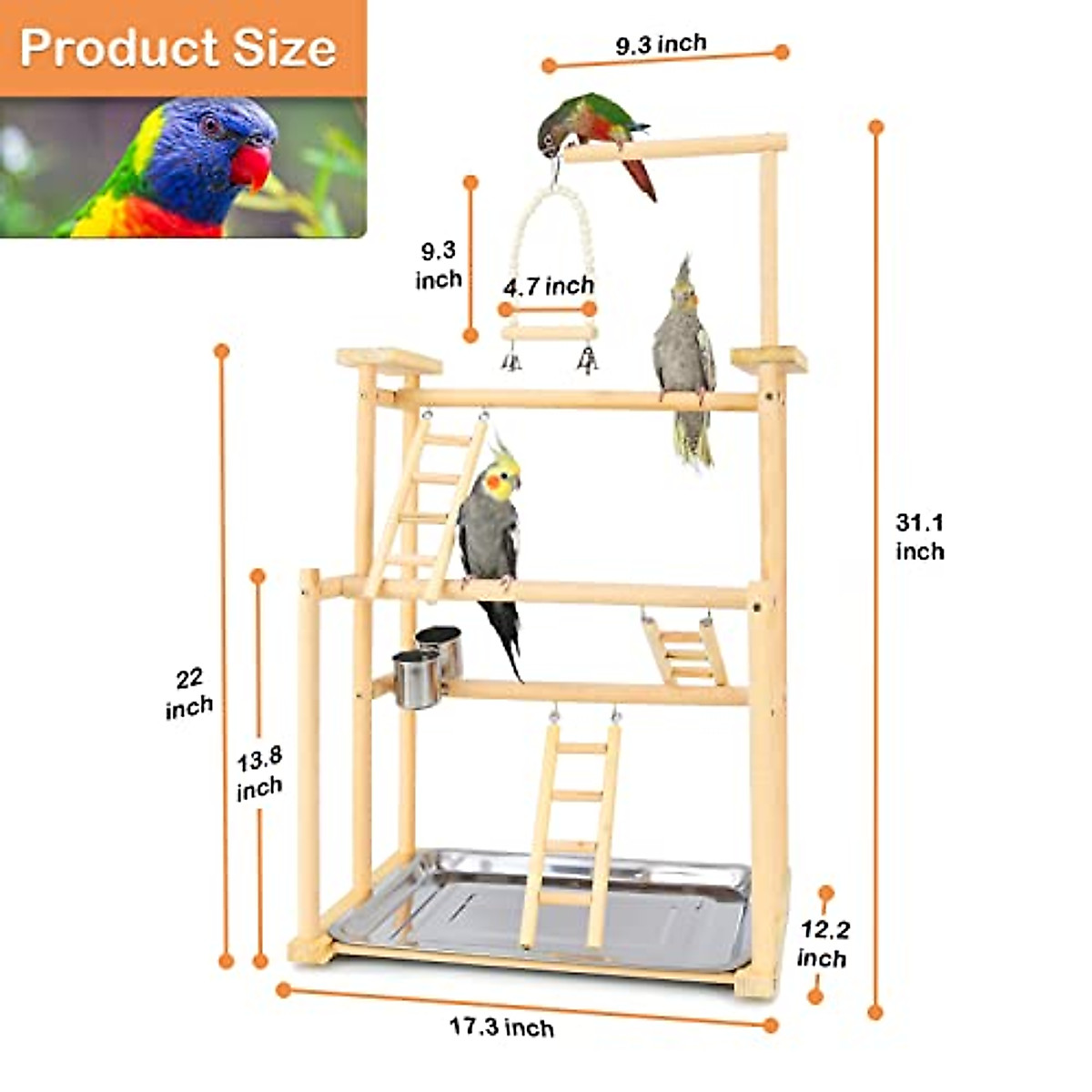 Large Bird Playground Parrot Perch Bird Stands 3 Layers Parrot Playstand Gym Playstand Wood Playpen for Parakeet Lovebirds Conure Cockatiel Cockatoos with Feeder Cups (3 Layers)