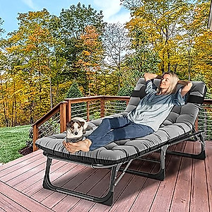 Camping Cot, Adjustable 4-Position Adults Reclining folding Chaise with Pillow, Outdoor portable Lounge Chair Sleeping Cots Bed, Perfect for Camping, Pool, Beach, Patio