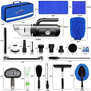 FCLUSLL 31PCS Car Interior Detailing Kit - Car Cleaning Kit with Portable Vacuum Cleaner, Tire Inflator, Mitt, Towels, Window Scraper, Detailing Brush, Storage Bag