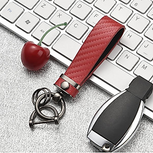 AUCELI Carbon Fiber Car Keychain, Car Accessories Microfiber Leather Car Key Fob Holder with 360 Degree Rotatable Keyring (Red)