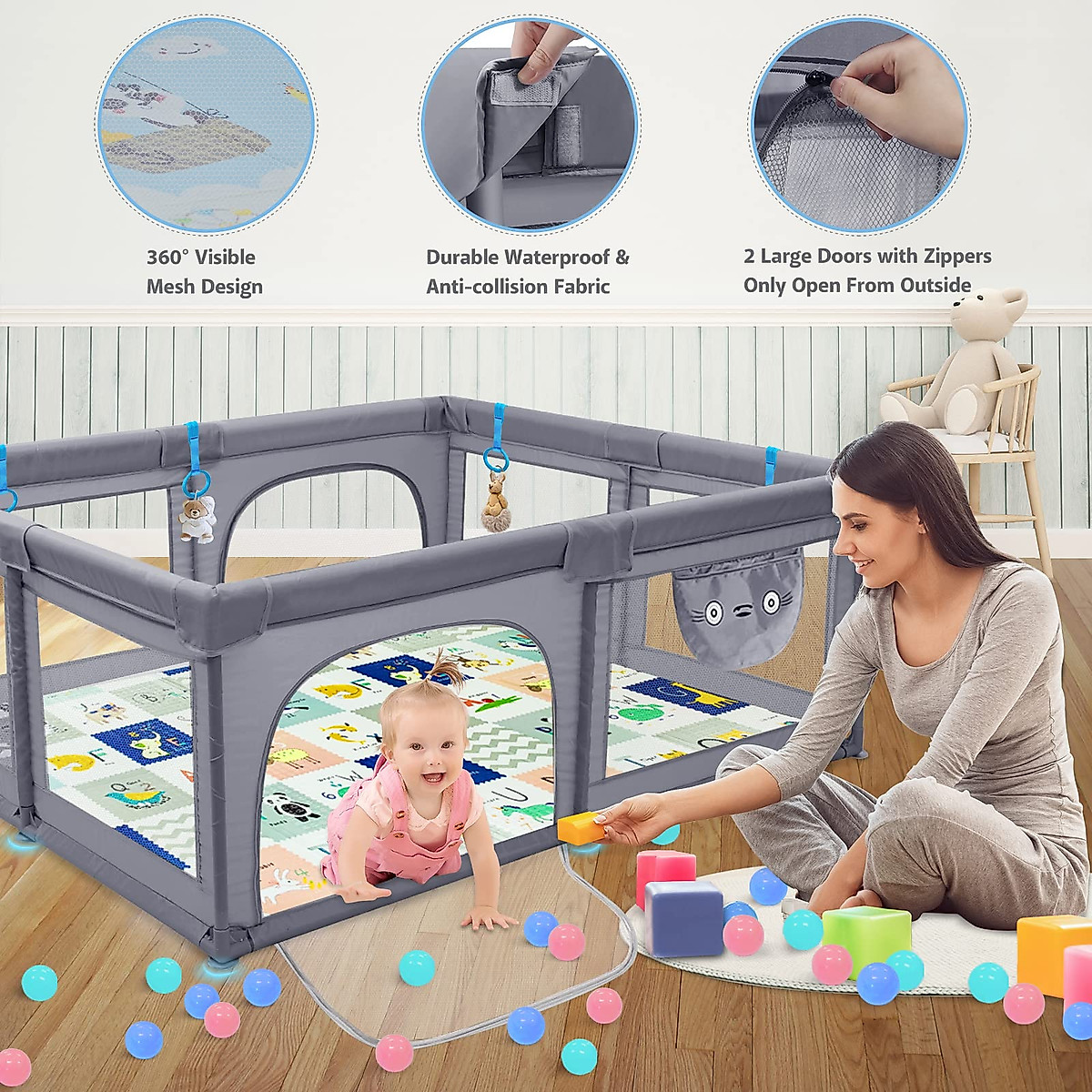 Extra Large Baby Playpen with Mat, playpen with 50 Pit Balls, Shock Absorbing Mat, Anti-Slip Suckers, 81'x65' Baby Play Yard with Gate, Play Pen for Babies and Toddlers Indoor Outdoor (Dark Gray)