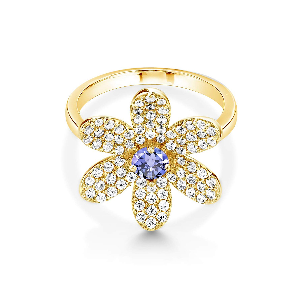 Gem Stone King 18K Yellow Gold Plated Silver 4MM Round Gemstone Birthstone Flower Ring For Women By Keren Hanan | Available in Size 5,6,7,8,9