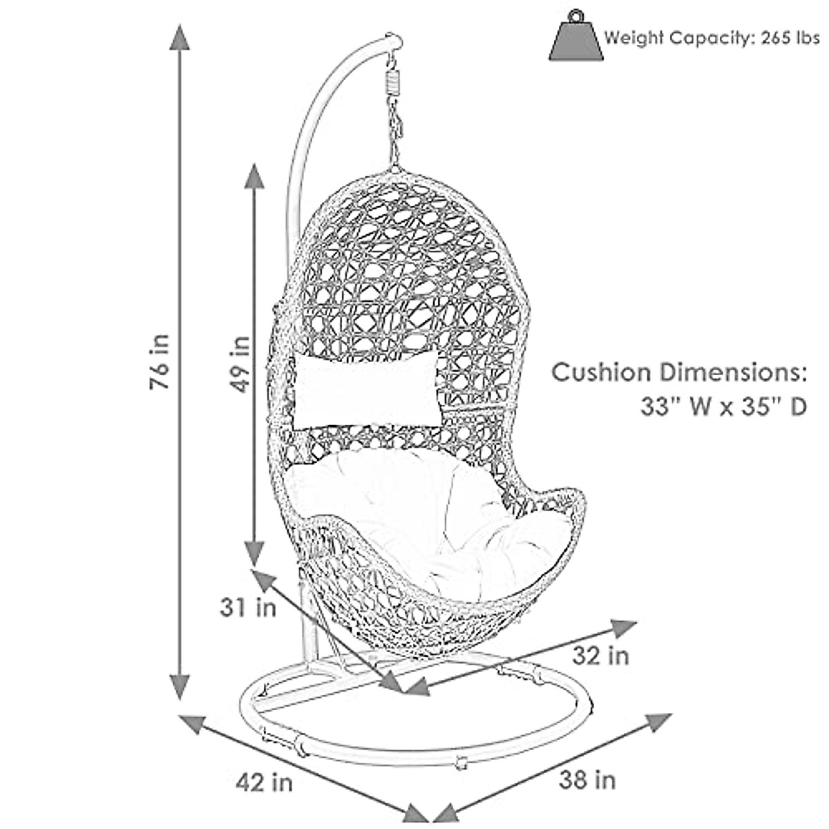 Sunnydaze Cordelia Hanging Egg Chair with Steel Stand Set - Resin Wicker - Outdoor Large Basket Design Patio Lounge Chair - Includes Beige Cushion and Headrest