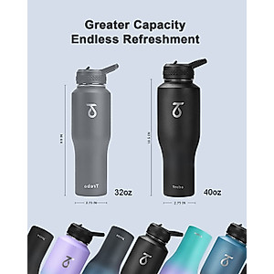 Trebo 40oz Insulated Water Bottle that Fits in Cup Holder, Stainless Steel Bottles Tumbler Double Wall Metal with Straw Spout Lids,Travel Flask with Paracord Handle, Sweat Proof Keep Cold &Hot,Black