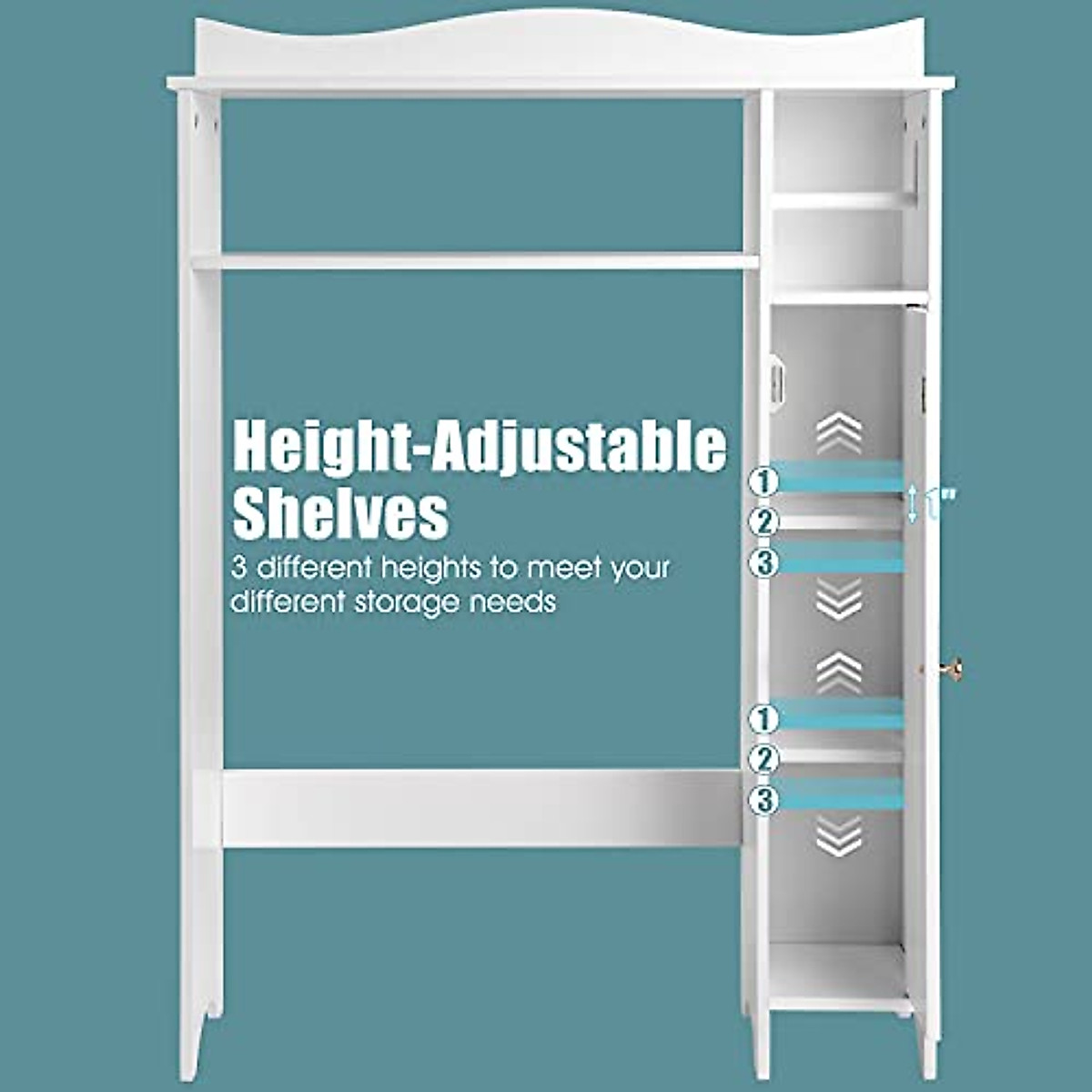 Hysache Over-The-Toilet Storage Organizer, Home Bathroom Space Saver w/ 2 Long Open Shelves, 1-Door Cabinet, Adjustable Shelf, Anti-Toppling Storage Rack, Freestanding Organizer Toilet Rack Stand