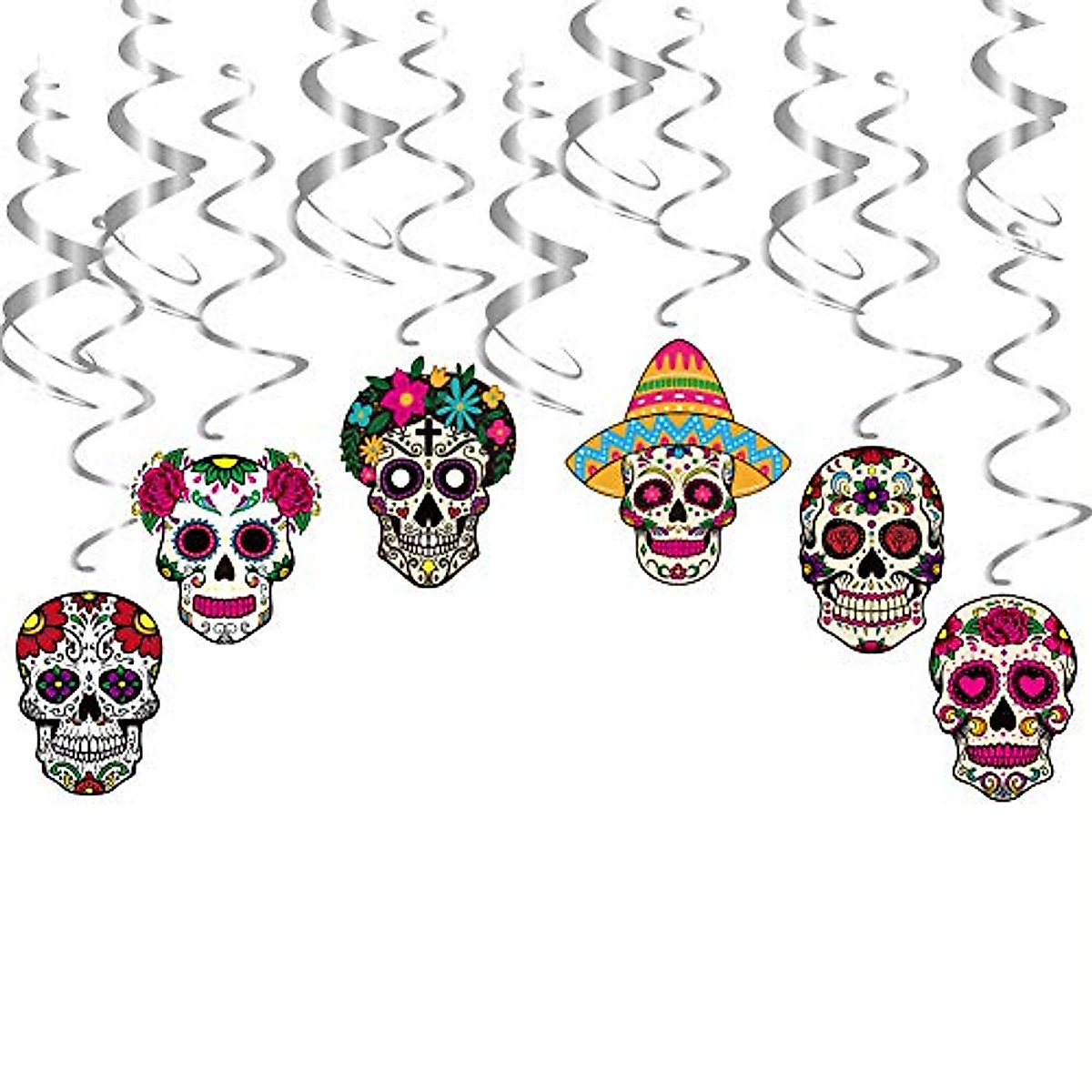 Foil Hanging Swirls Day of the dead Sugar Skull Set Birthday Party Favors Supplies Decorations Ceiling Decor Dia de los Muertos Halloween