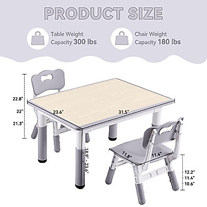 GITAWUSA Kids Study Table and Chairs Set, Height Adjustable Toddler Table and Chair Set for Kids Ages 3-8, 31.5" L x 23.6" W Graffiti Desktop Plastic Children Art Table with 2 Seats, Grey