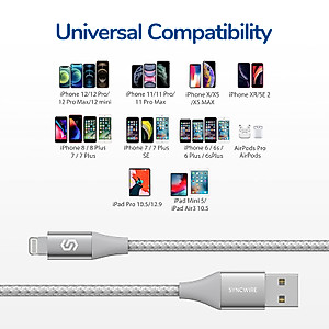 SYNCWIRE iPhone Charger Cable 10ft, [Apple MFi Certified] Long Lightning to USB Cable Double Braided Nylon iPhone Cord Compatible with iPhone 13 12 Mini 11 Pro Max XS XR X 8 7 6 Plus, Silver, 10 Foot