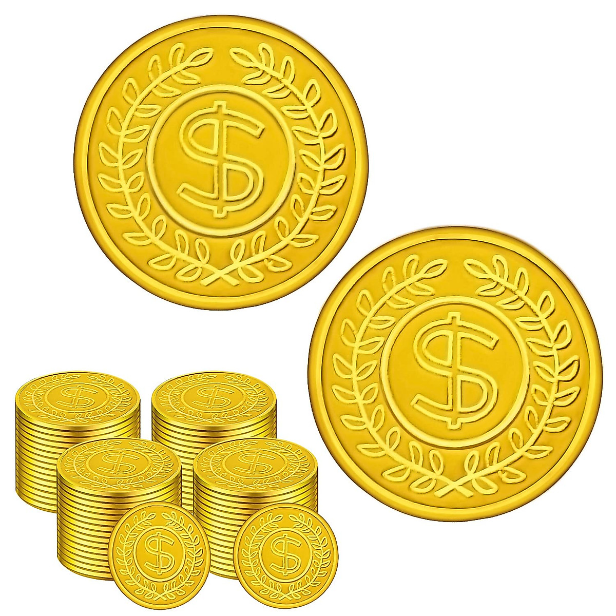 100 Count Plastic Gold Coins Set, Pirate Treasure Gold Play Coins for Kids Party Theme Props Decorations, Lucky Draw Games Treasure Hunt