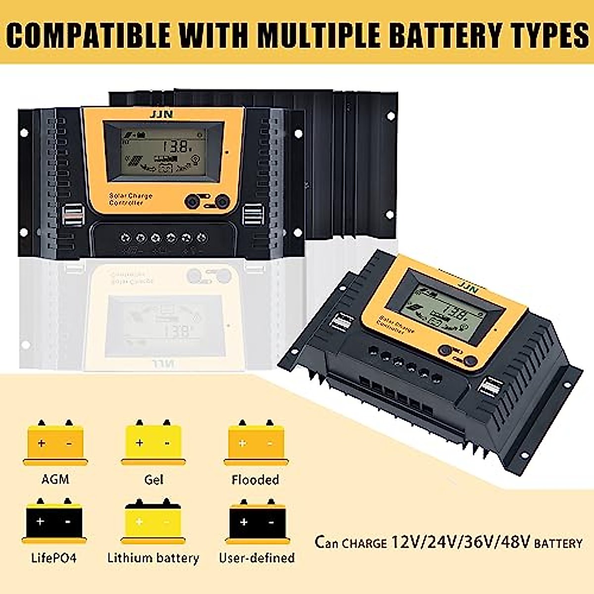 JJN 30A Solar Charge Controller 12V/24V/36V/48V Solar Panel Regulator with Adjustable LCD Display Dual USB Port Timer Setting PWM Auto Parameter