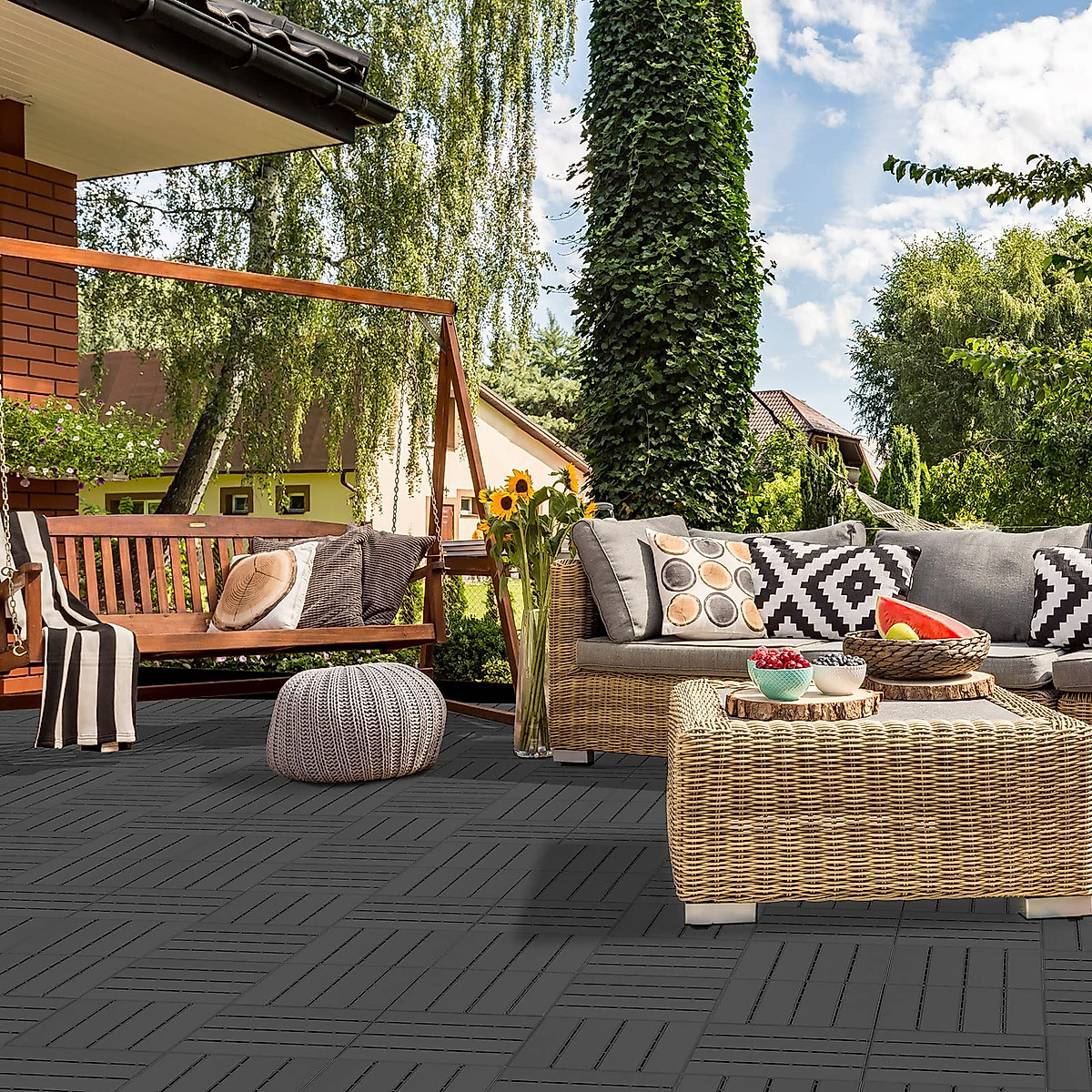 Goovilla Plastic Interlocking Deck Tiles, 9 Pack , 12"x12" Waterproof Outdoor Flooring All Weather Use, Patio Floor Decking Tiles for Porch Poolside Balcony Backyard, Dark Grey