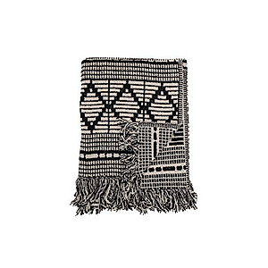 Bloomingville Black & Beige Woven Cotton Blend Blanket with Fringe Throw, One Size fits All, Black
