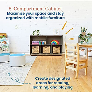 ECR4Kids 5-Compartment Mobile Storage Cabinet, 30in, Classroom Furniture, Grey Wash