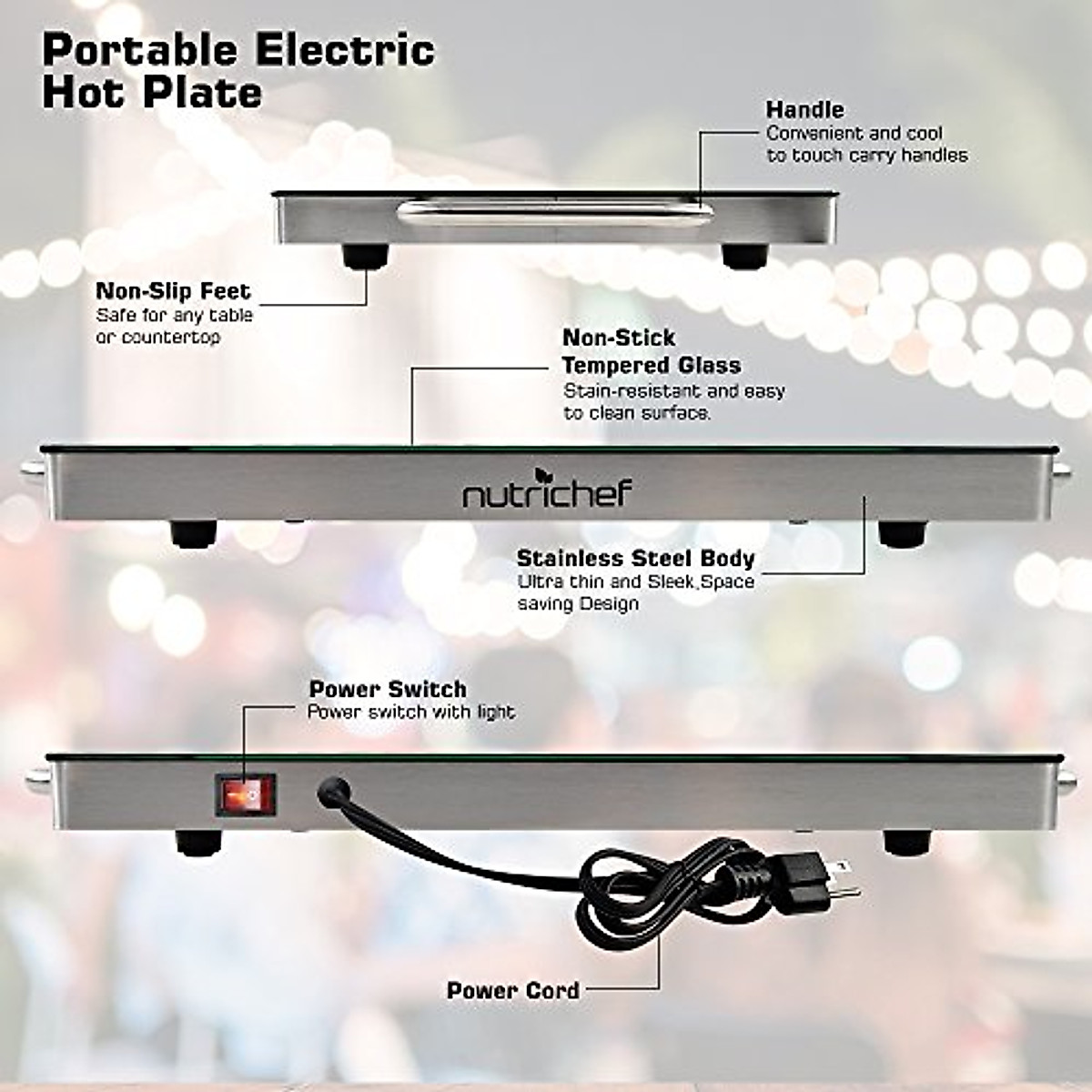 NutriChef Electric Hot Plate Tray Dish Warmer with Black Glass Top-Ideal for Home, Buffet, Parties,Kitchen & Restaurant Use-Portable and Perfect for Table or Countertop-Dimensions: 14.5'' L x 8.6'' W.
