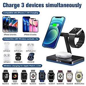 WAITIEE 3 in 1 Magnetic Wireless Charging Station Charger Compatible with iPhone 14/Pro/Plus/Pro Max/13/12,iWatch 6/5,AirPods Pro QC 3.0 Adapter