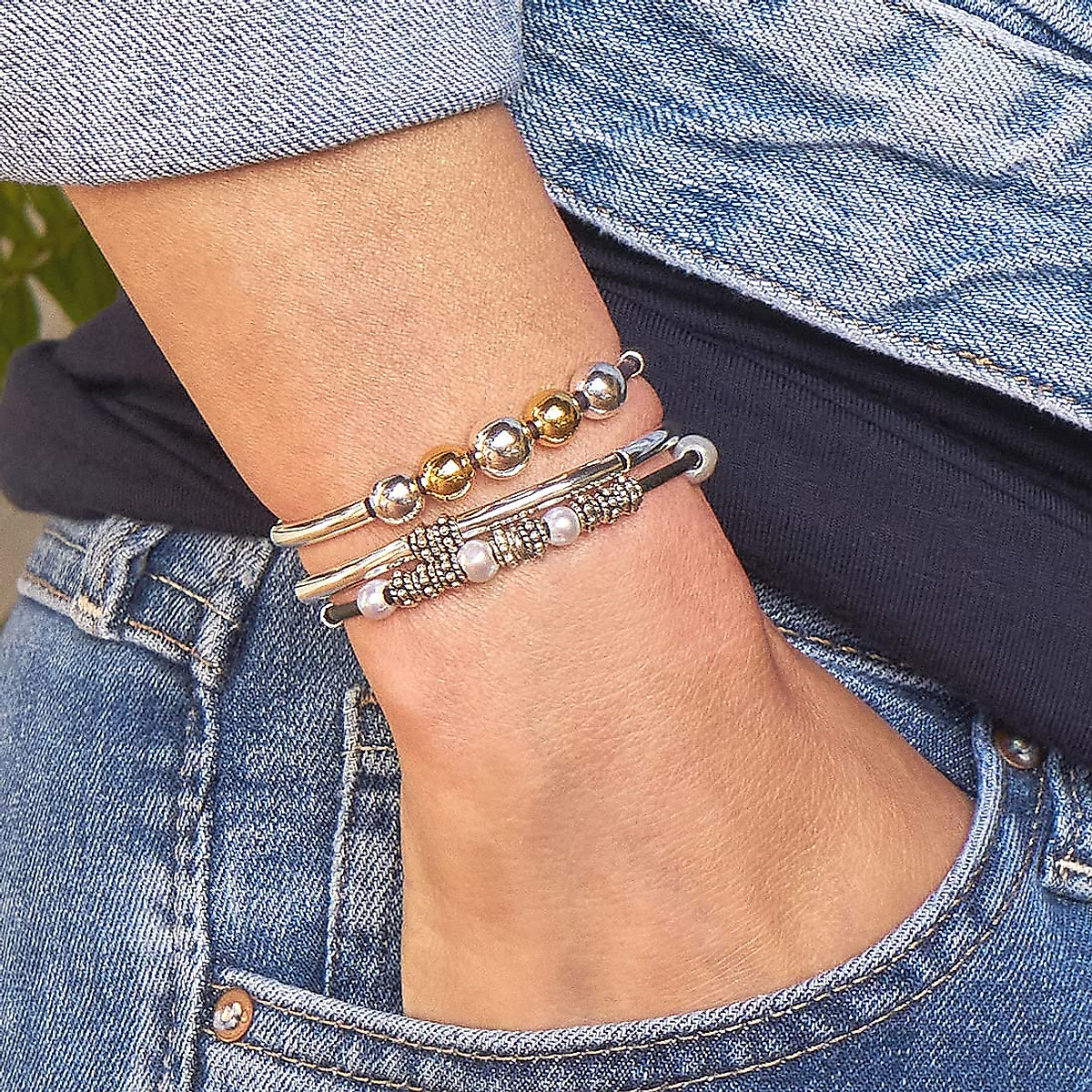 Lizzy James Kendall Adjustable 2 Strand Silver & Natural Black Leather Bracelet with Pearls for Women