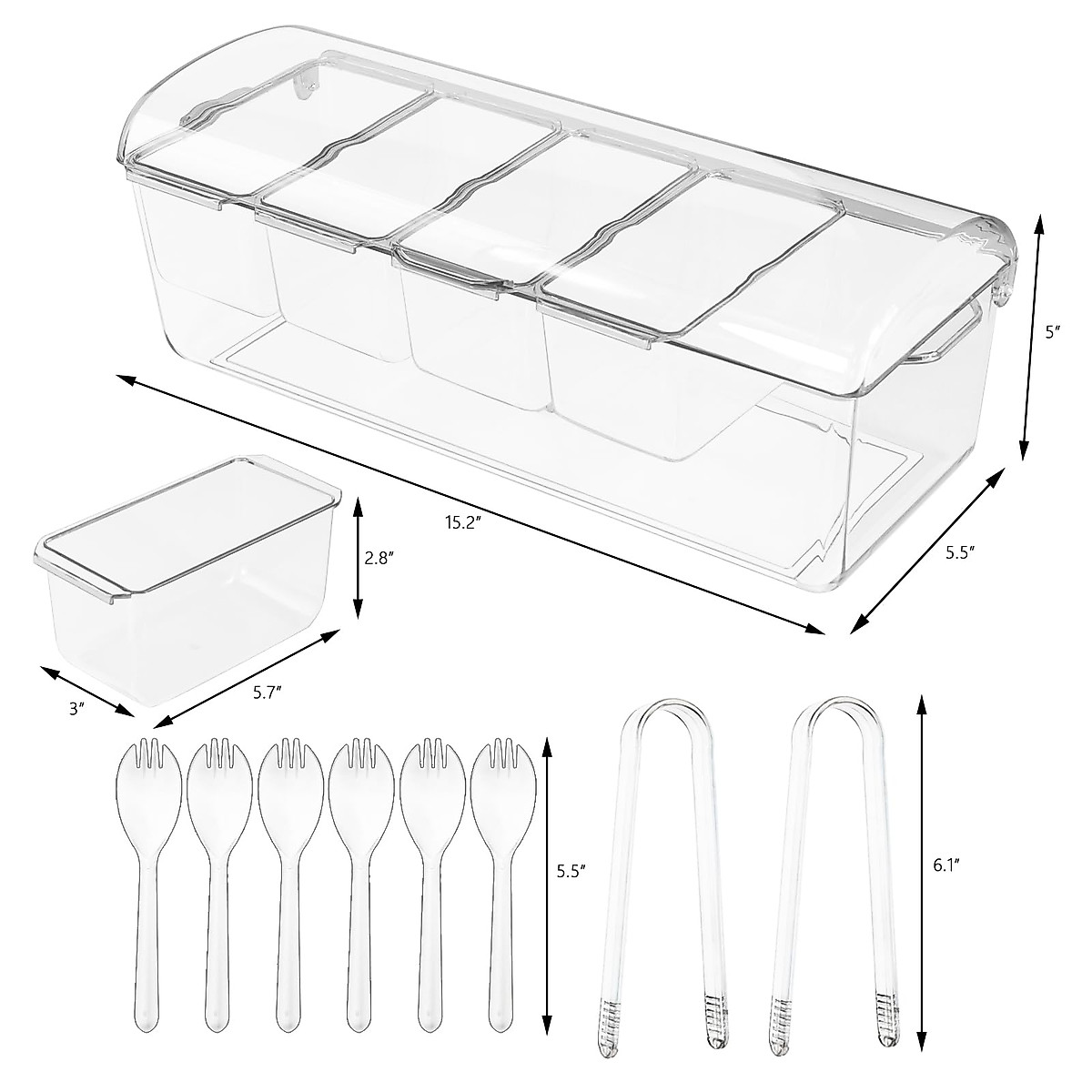 TRBIDRBO Ice Chilled Caddy with 5 Containers and Lid - Chilled Condiment Server for Fruit, Snack, Sauce Garnish Tray - 2.4cup Each Dishes