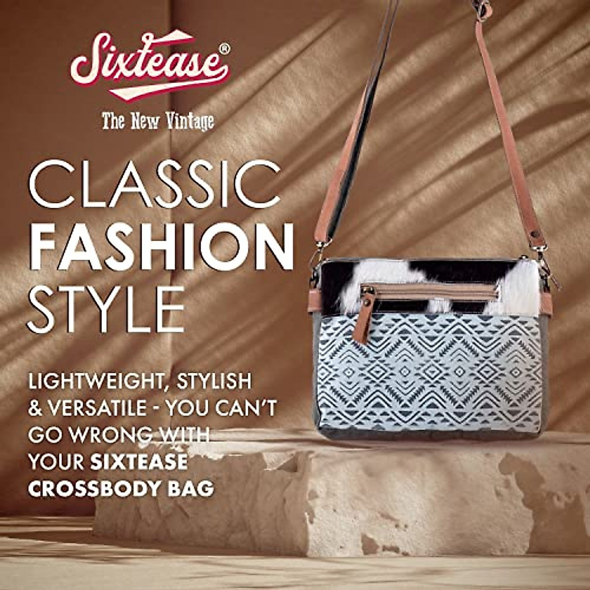 SIXTEASE Crossbody Bag for Women Vintage Style Genuine Leather, Upcycled Canvas, Rug, or Hair On - Cross Body Womens Bags with Inside Zipper Pockets - Fusion Beloved