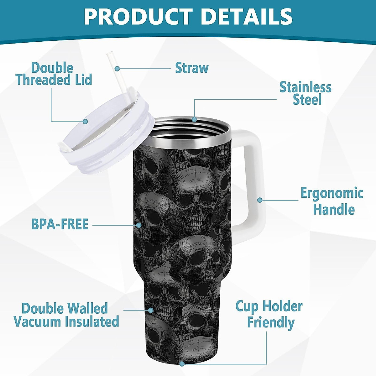 Emelivor Skulls 30 oz Tumbler with Lid and Straw Insulated Tumblers with Handle Leak Proof Travel Coffee Mug Water Cup Bottles Fits in Car Cup Holder