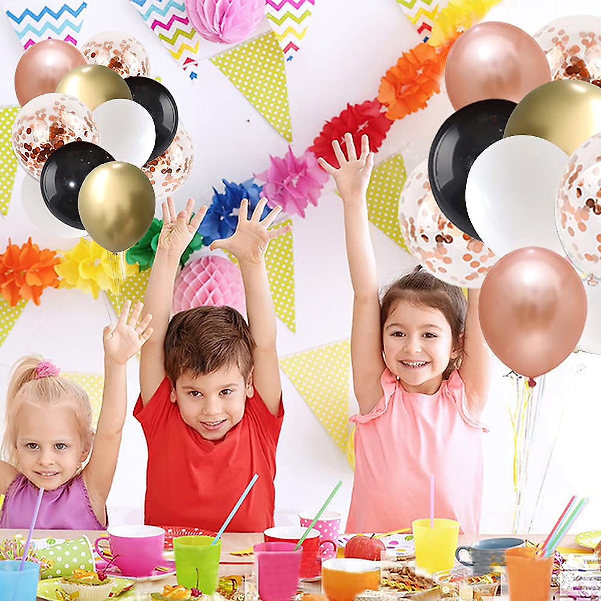 KBZVNAF Rose Gold Black Balloons Garland Kit - 120 Pack Black White Metallic Gold and Rose Gold Confetti Latex Balloons Garland for Wedding Birthday Bridal Shower Anniversary Party Decorations