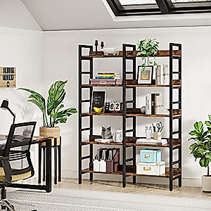 LITTLE TREE 5-Tier Industrial Bookshelf, 70.9” H Double Wide Bookcase, Rustic Brown
